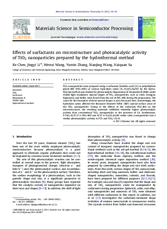 (PDF) Effects of surfactants on microstructure and photocatalytic activity of TiO2 nanoparticles ...