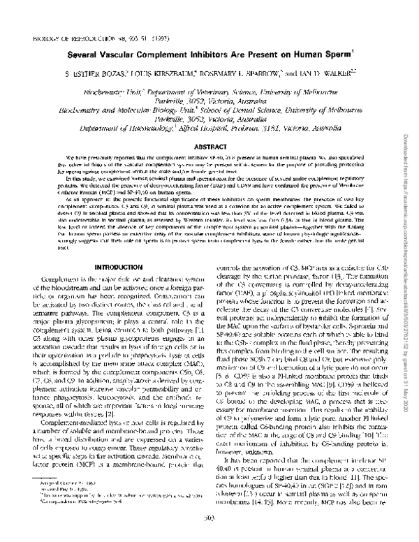 Pdf Several Vascular Complement Inhibitors Are Present On Human Sperm1