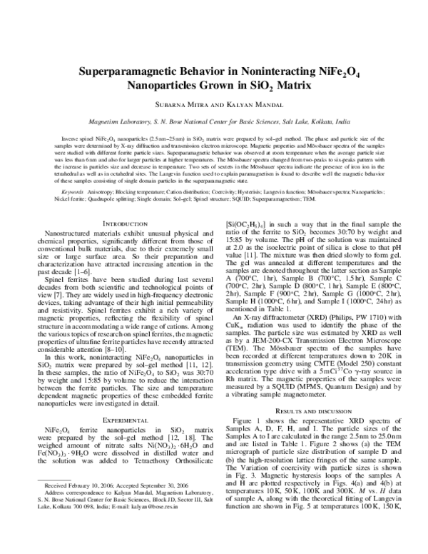 (PDF) Superparamagnetic Behavior in Noninteracting NiFe2O4 Nanoparticles Grown in SiO2 Matrix