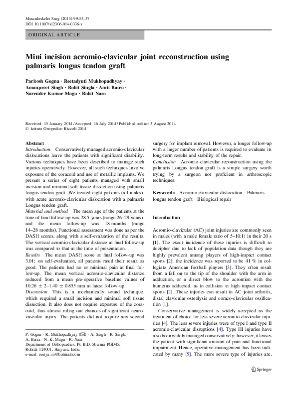 (PDF) Mini incision acromio-clavicular joint reconstruction using ...