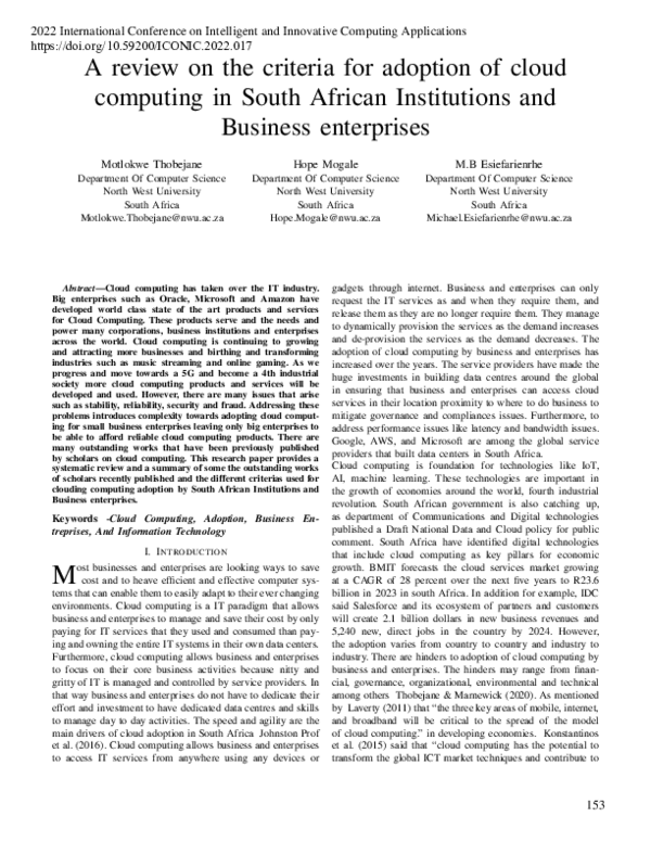 (PDF) A review on the criteria for adoption of cloud computing in South African Institutions and ...