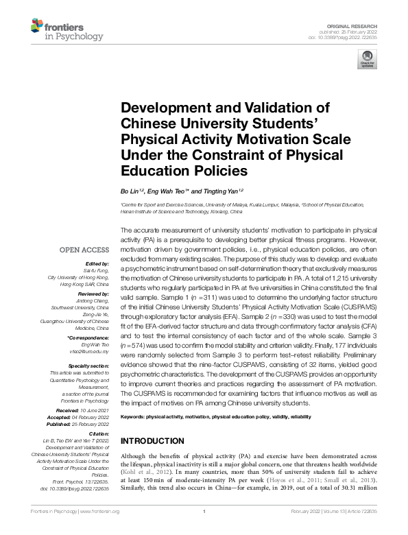 (PDF) Development and Validation of Chinese University Students’ Physical Activity Motivation ...