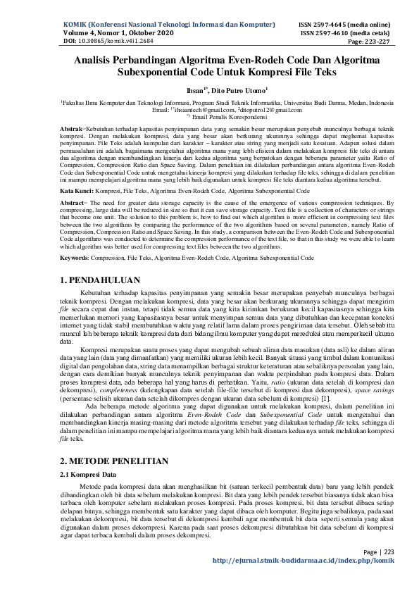 Pdf Analisis Perbandingan Algoritma Even Rodeh Code Dan Algoritma Subexponential Code Untuk 3793