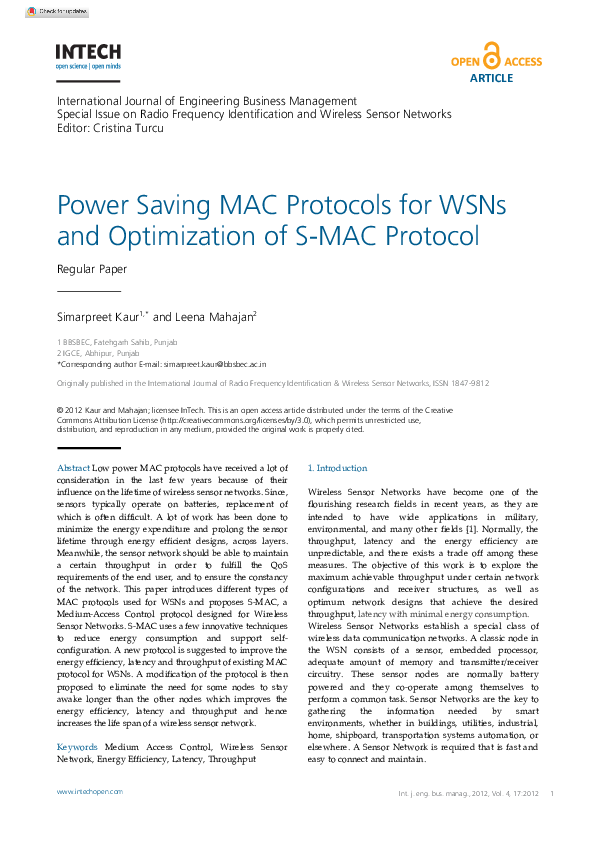(PDF) Power Saving MAC Protocols for WSNs and Optimization of S-MAC Protocol