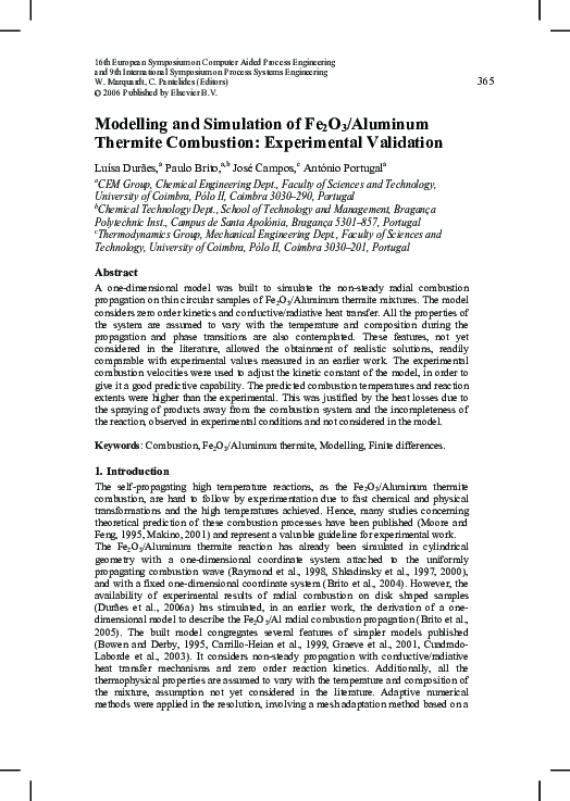 Pdf Modelling And Simulation Of Fe2o3 Aluminum Thermite Combustion Experimental Validation