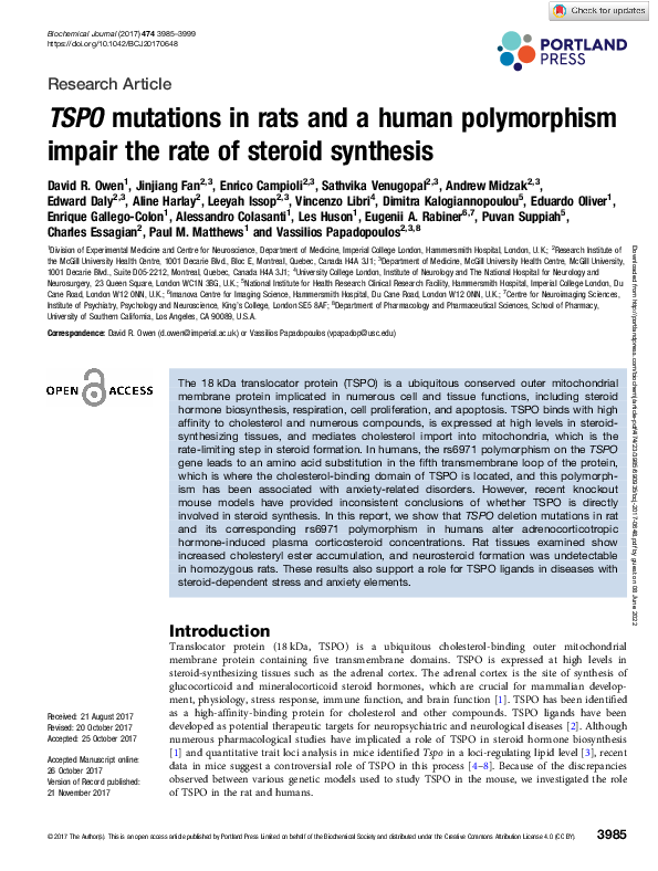 (PDF) TSPO mutations in rats and a human polymorphism impair the rate of steroid synthesis
