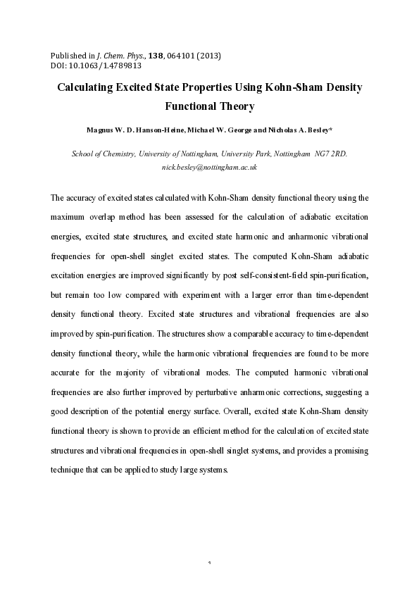 (PDF) Calculating excited state properties using Kohn-Sham density functional theory