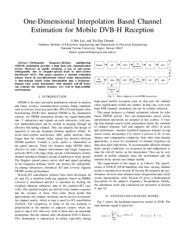 (PDF) One-Dimensional Interpolation Based Channel Estimation for Mobile DVB-H Reception