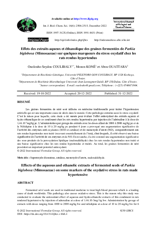 (PDF) Effets des extraits aqueux et éthanolique des graines fermentées ...