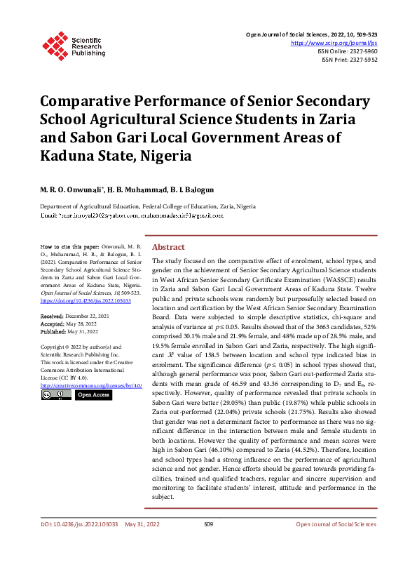 (PDF) Comparative Performance of Senior Secondary School Agricultural ...