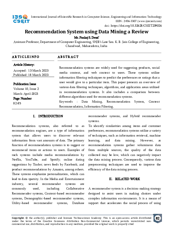 Pdf Recommendation System Using Data Mining A Review