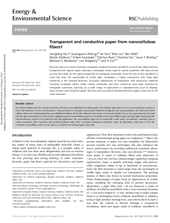 (PDF) Transparent and conductive paper from nanocellulose fibers