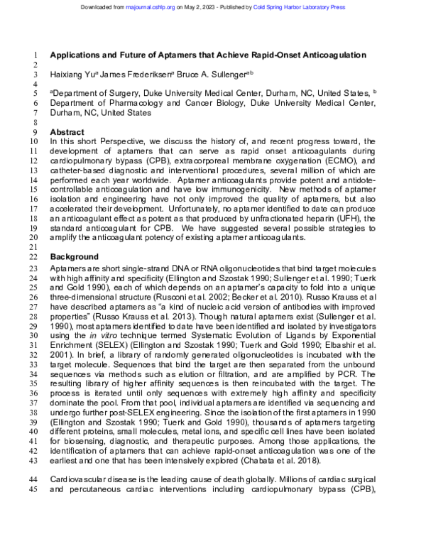 (PDF) Applications and future of aptamers that achieve rapid-onset ...