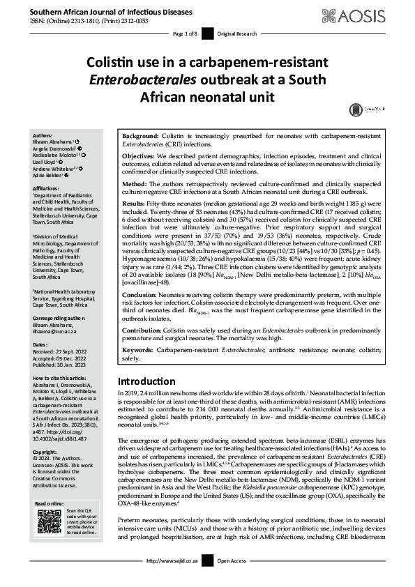 (PDF) Colistin use in a carbapenem-resistant Enterobacterales outbreak ...
