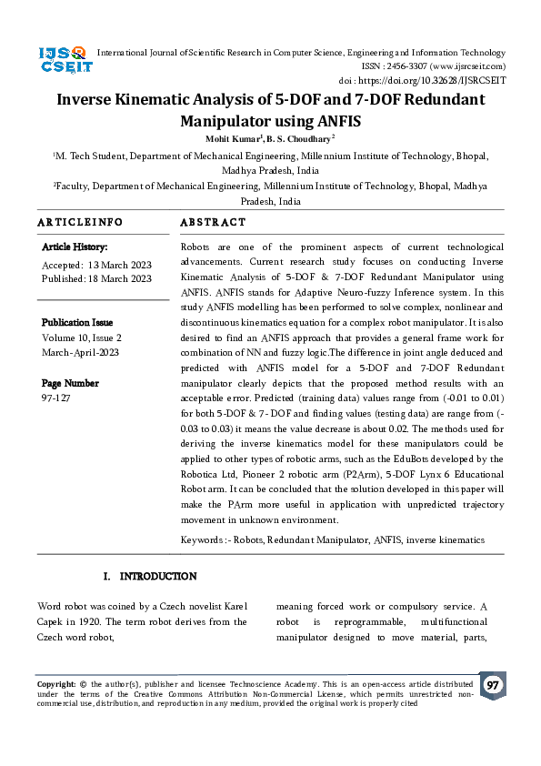 (PDF) Inverse Kinematic Analysis of 5-DOF and 7-DOF Redundant Manipulator using ANFIS