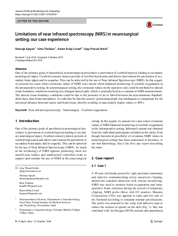 (PDF) Limitations of near infrared spectroscopy (NIRS) in neurosurgical setting: our case experience