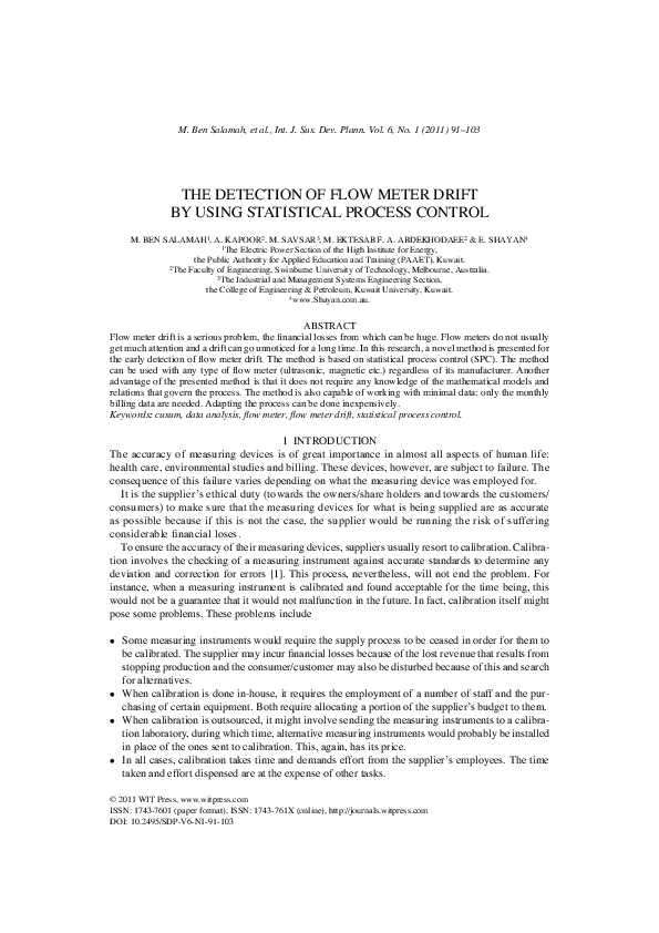 Pdf The Detection Of Flow Meter Drift By Using Statistical Process