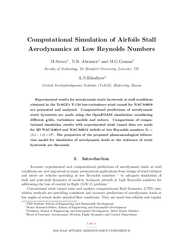(PDF) Computational Simulation of Airfoils Stall Aerodynamics at Low Reynolds Numbers