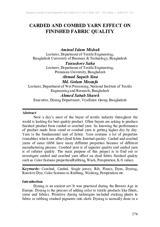 (PDF) Carded and Combed Yarn Effect on Finished Fabric Quality