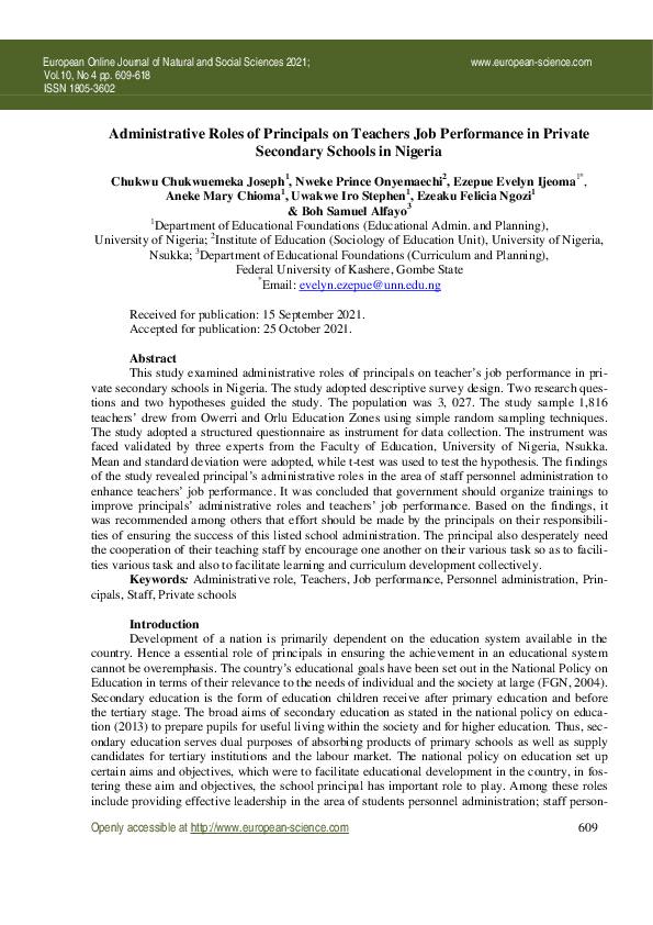 (PDF) Administrative Roles of Principals on Teachers Job Performance in Private Secondary ...