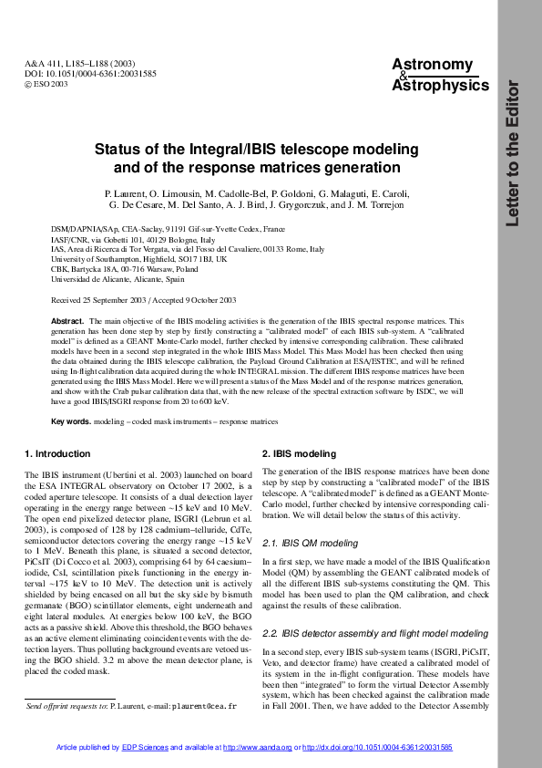 (PDF) Status of the Integral/IBIS telescope modeling and of the response matrices generation