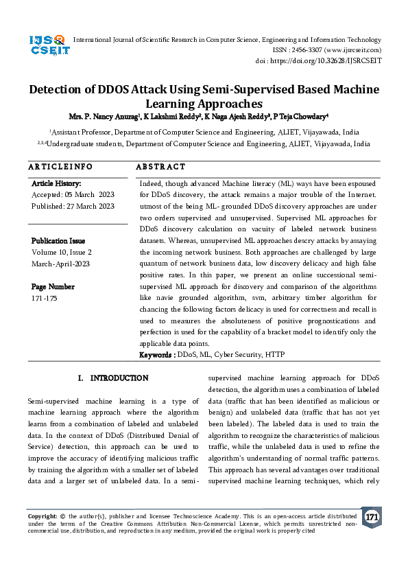 Pdf Detection Of Ddos Attack Using Semi Supervised Based Machine