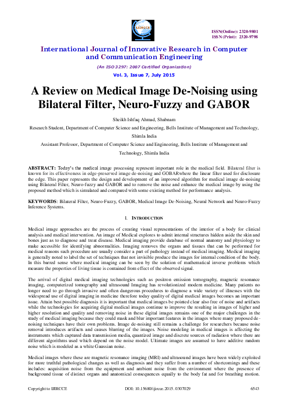 (PDF) A Review on Medical Image De-Noising using Bilateral Filter, Neuro-Fuzzy and GABOR
