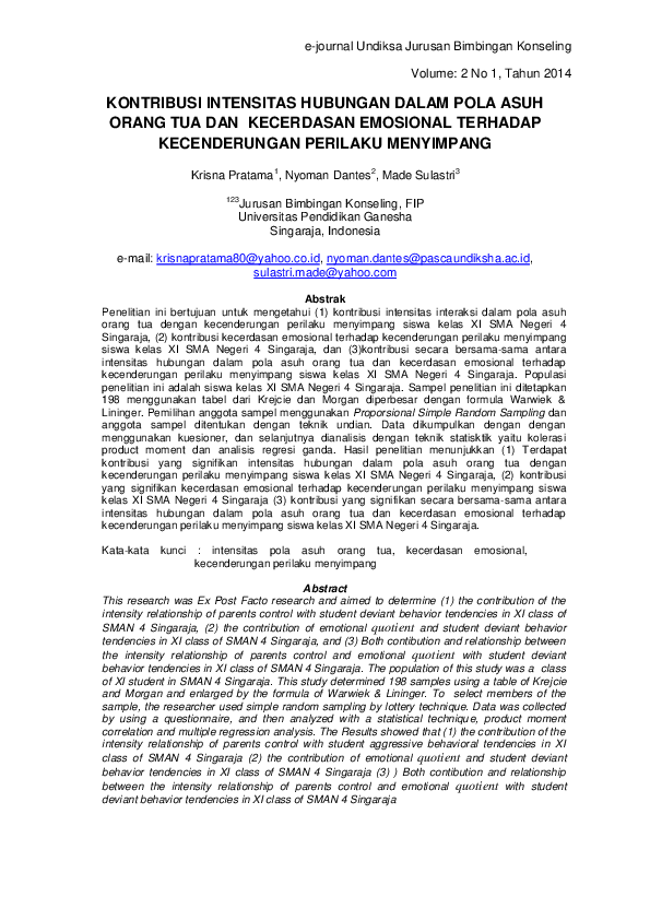 (PDF) Kontribusi Intensitas Hubungan Dalam Pola Asuh Orang Tua Dan Kecerdasan Emosional Terhadap ...