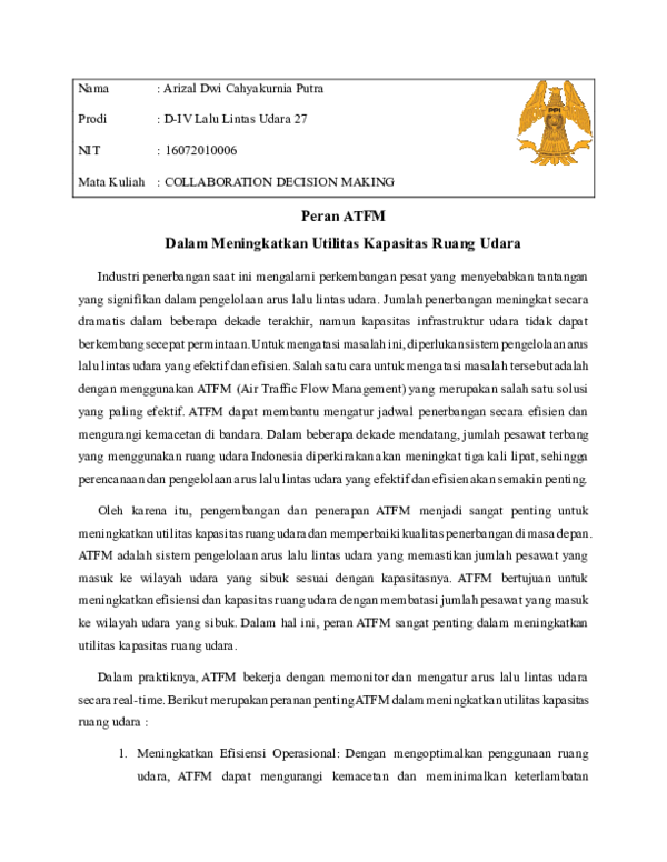 (PDF) Peran ATFM Dalam Meningkatkan Utilitas Kapasitas Ruang Udara