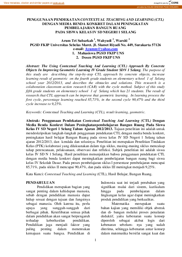 (PDF) Penggunaan Pendekatan Contextual Teaching and Learning (CTL) Dengan Media Benda Konkret ...