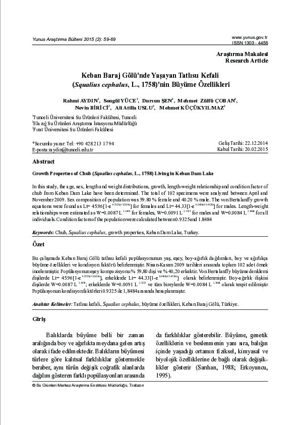 (PDF) Keban Baraj Gölü’nde Yaşayan Tatlısu Kefali (Squalius cephalus, L ...