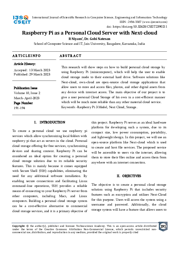 (PDF) Raspberry Pi as a Personal Cloud Server with Next-cloud