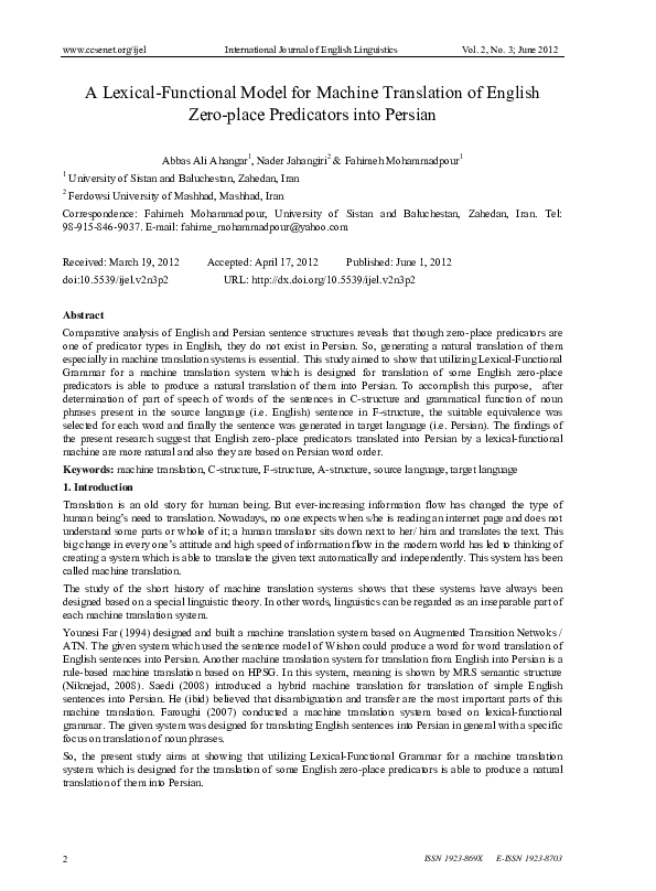 (PDF) A Lexical-Functional Model for Machine Translation of English Zero-place Predicators into ...