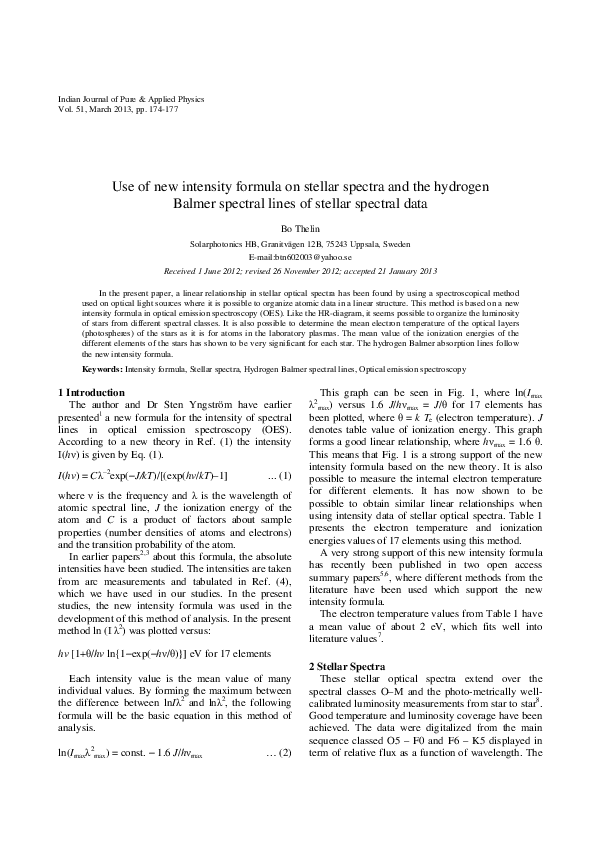 (PDF) Use of new intensity formula on stellar spectra and the hydrogen ...
