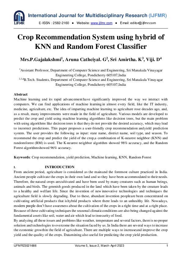 (PDF) Crop Recommendation System using hybrid of KNN and Random Forest Classifier