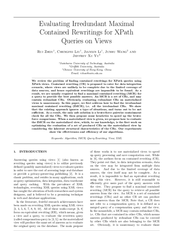 (PDF) Evaluating Irredundant Maximal Contained Rewritings for XPath Queries on Views