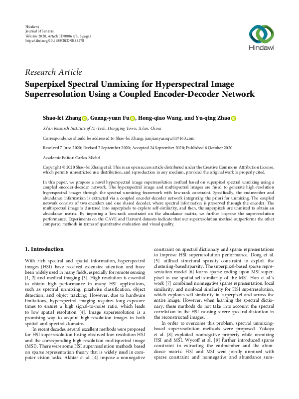 (PDF) Superpixel Spectral Unmixing for Hyperspectral Image Superresolution Using a Coupled ...