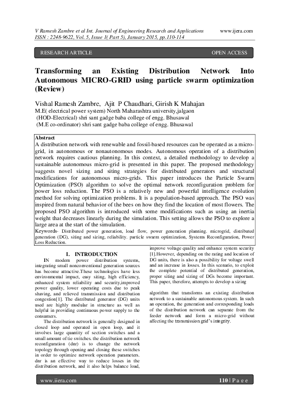 (PDF) Transforming an Existing Distribution Network Into Autonomous MICRO-GRID using particle ...