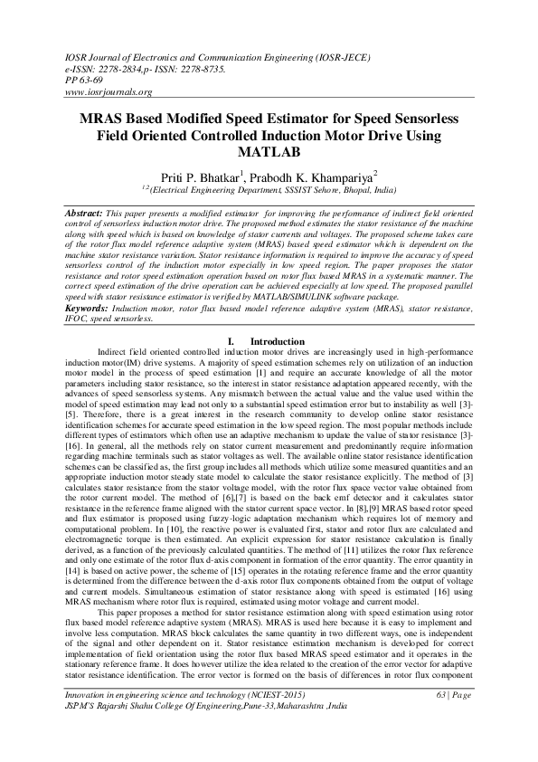 Pdf Mras Based Modified Speed Estimator For Speed Sensorless Field Oriented Controlled