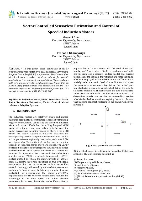 Pdf Vector Controlled Sensorless Estimation And Control Of Speed Of