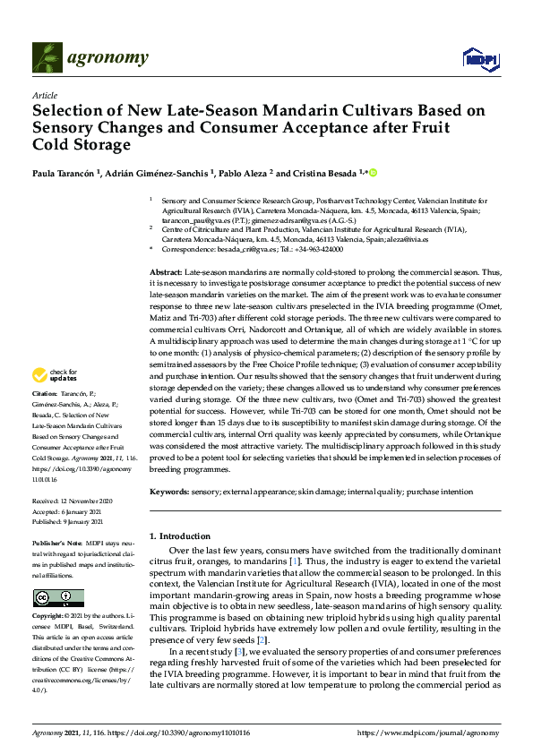 (PDF) Selection of New Late-Season Mandarin Cultivars Based on Sensory ...