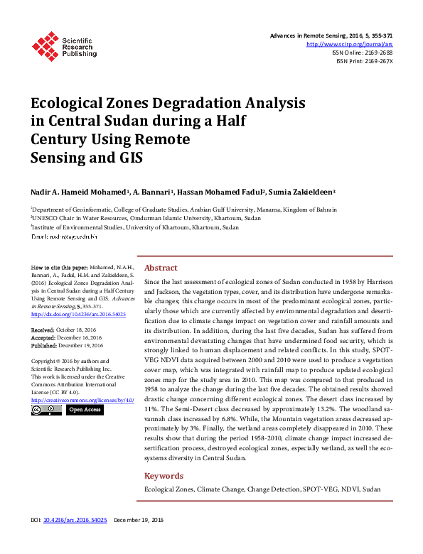 (PDF) Ecological Zones Degradation Analysis in Central Sudan during a Half Century Using Remote ...