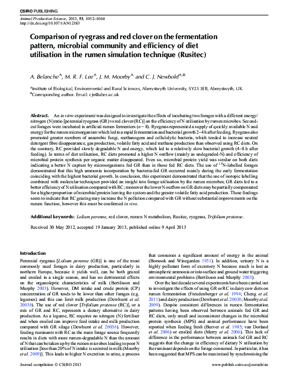 (PDF) Comparison of ryegrass and red clover on the fermentation pattern ...