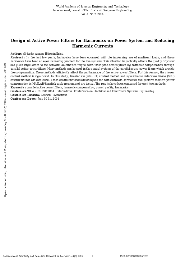 (PDF) Design of Active Power Filters for Harmonics on Power System and Reducing Harmonic Currents