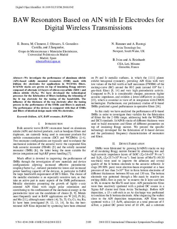 (PDF) BAW resonators based on AlN with Ir electrodes for digital wireless transmissions