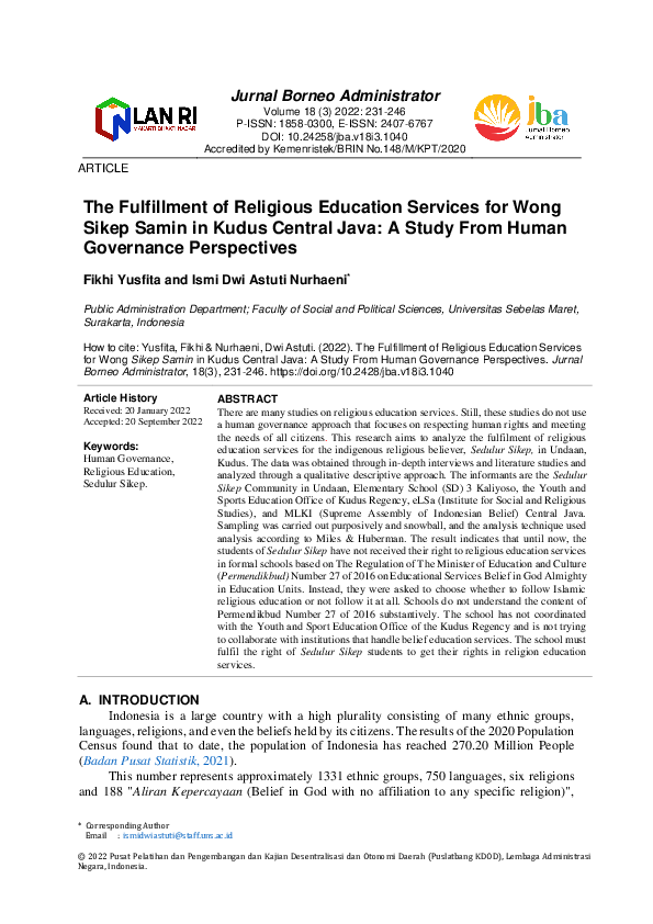 (PDF) The Fulfillment of Religious Education Services for Wong Sikep ...