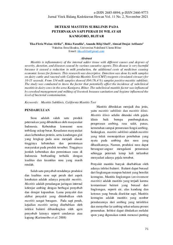 (PDF) Deteksi mastitis subklinis pada peternakan sapi perah di wilayah ...