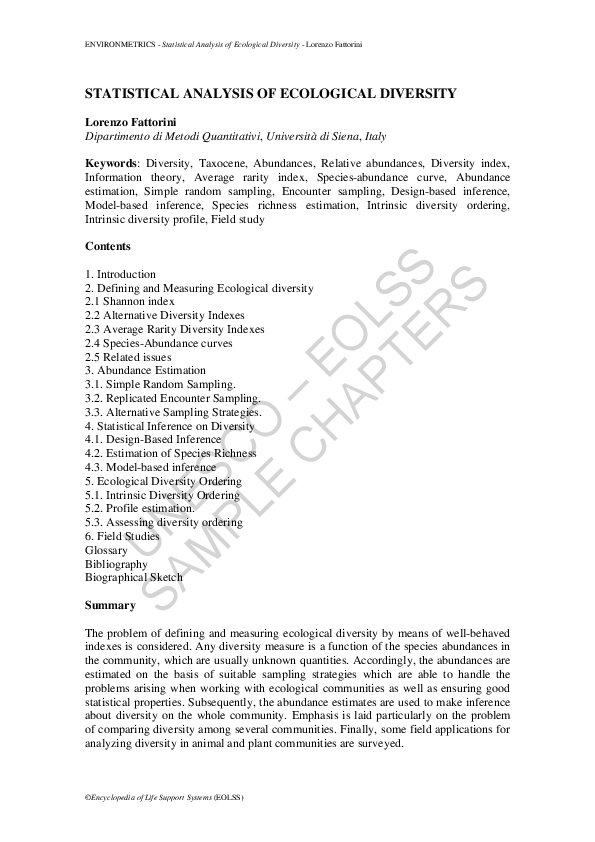 (PDF) Statistical Analysis of Ecological Diversity