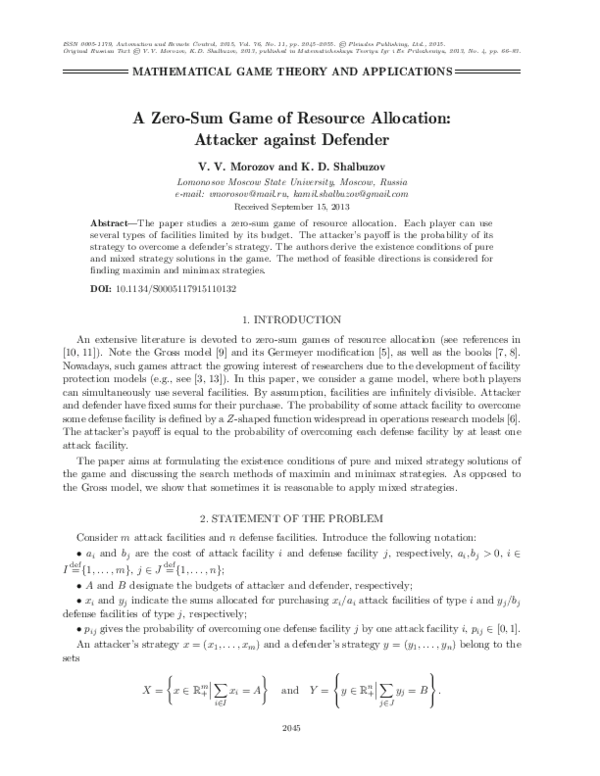 (PDF) A zero-sum game of resource allocation: Attacker against defender