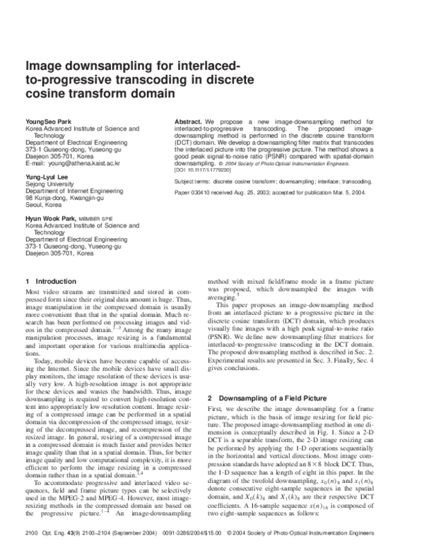 Pdf Image Downsampling For Interlaced To Progressive Transcoding In Discrete Cosine Transform